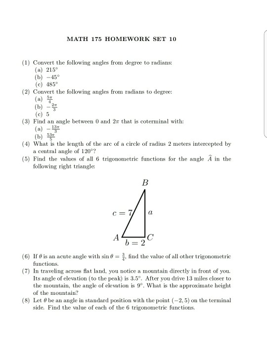 Solved MATH 175 HOMEWORK SET 10 (1) Convert the following | Chegg.com