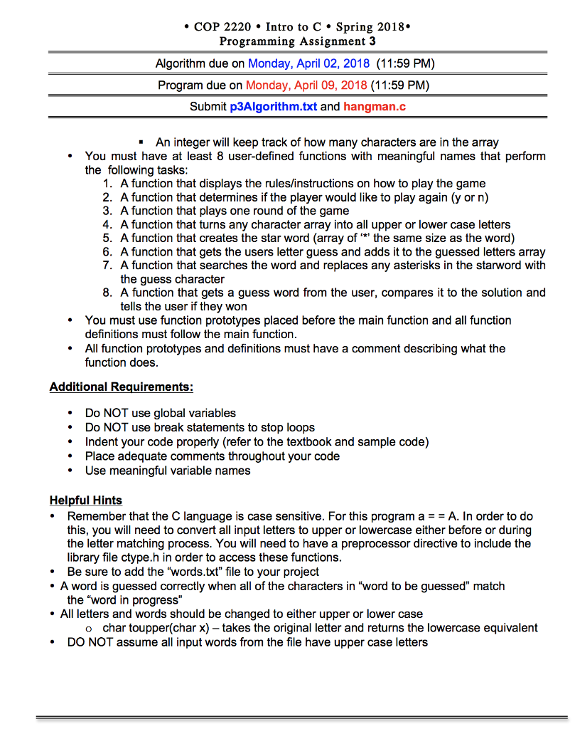 COP 2220 * Intro to C * Spring 2018* Programming | Chegg.com