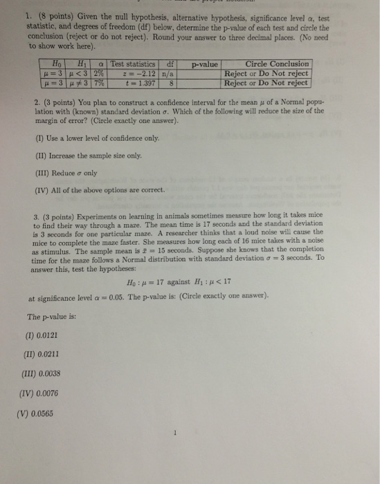 Solved Given the null hypothesis, alternative hypothesis, | Chegg.com