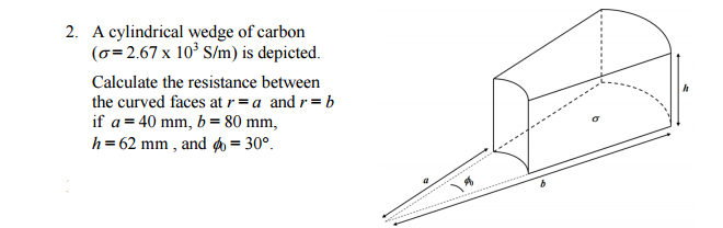 Solved A cylindrical wedge of carbon (? = 2.67 x 103 S/m) is | Chegg.com