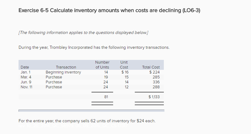 Solved Exercise 6-5 Calculate inventory amounts when costs | Chegg.com