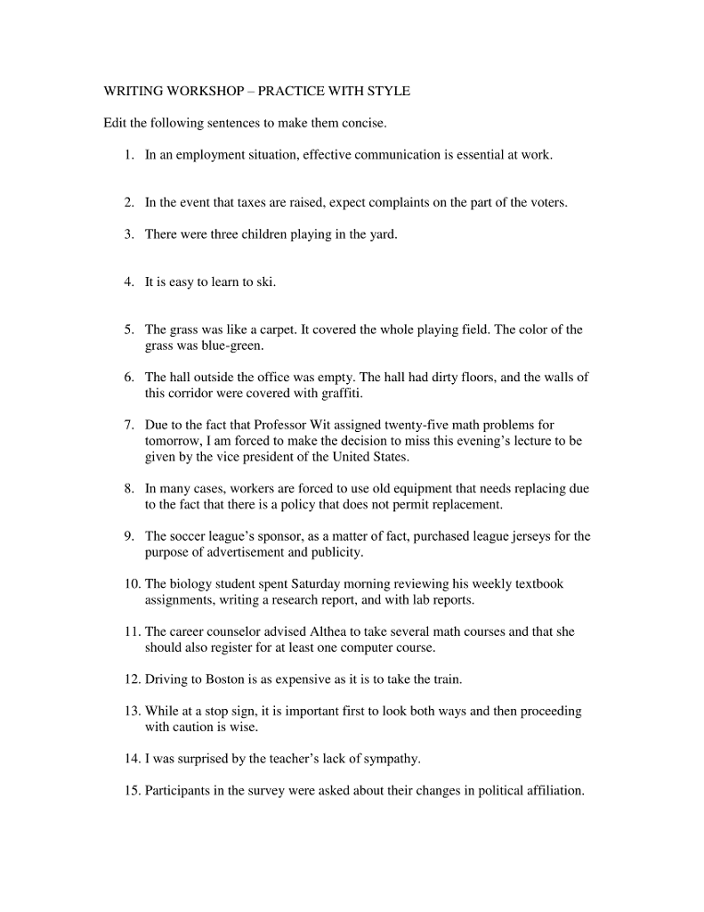 Solved WRITING WORKSHOP PRACTICE WITH STYLE Edit the | Chegg.com