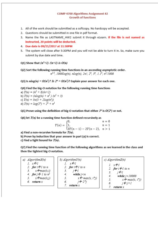 Solved COMP 4700 Algorithms Assignment #2 Growth of | Chegg.com