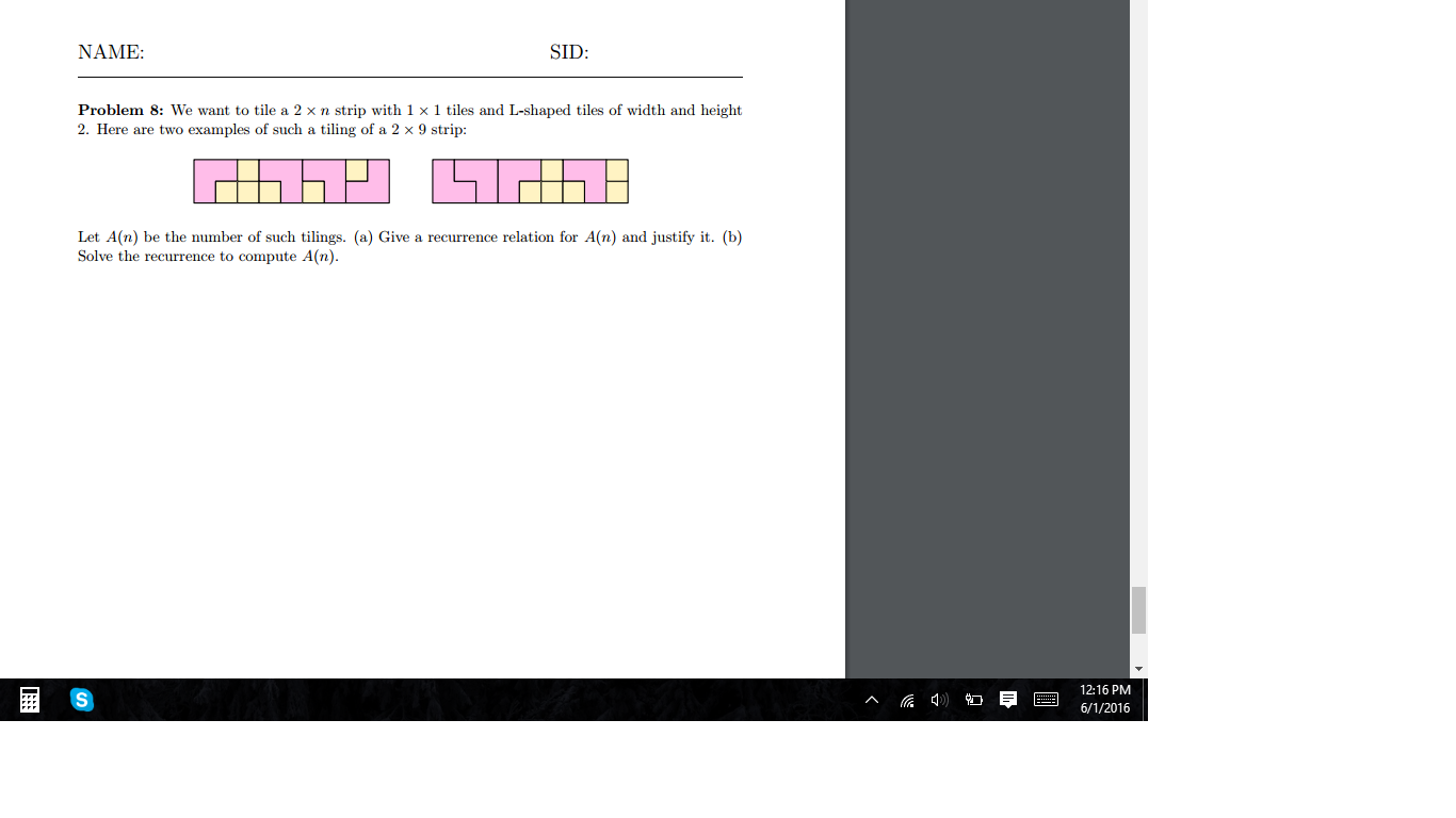 Solved We want to tile a 2 x n strip with 1 times 1 tiles | Chegg.com