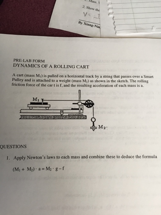 Solved A cart (mass M_1) is pulled on a horizontal track by | Chegg.com