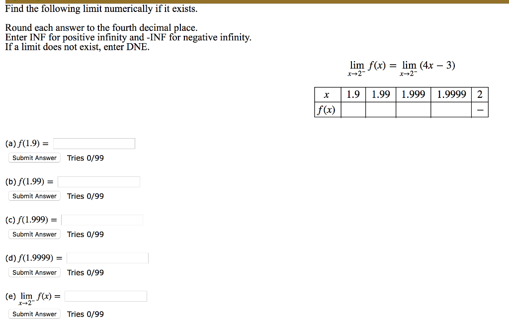 Solved Find the following limit numerically if it exists. | Chegg.com