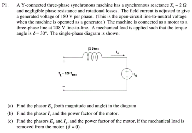 Solved A Y-connected three-phase synchronous machine has a | Chegg.com