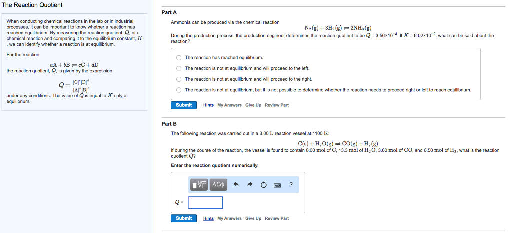 Solved The Reaction Quotient When conducting chemical | Chegg.com