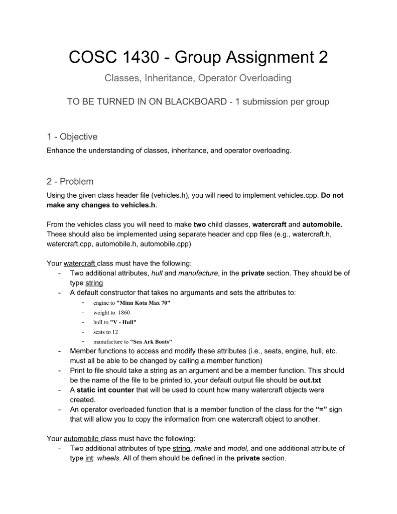Solved COSC 1430 - Group Assignment 2 Classes, Inheritance, | Chegg.com