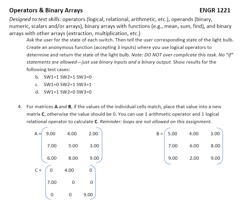 Operators & Binary Arrays Designed to test skills: | Chegg.com