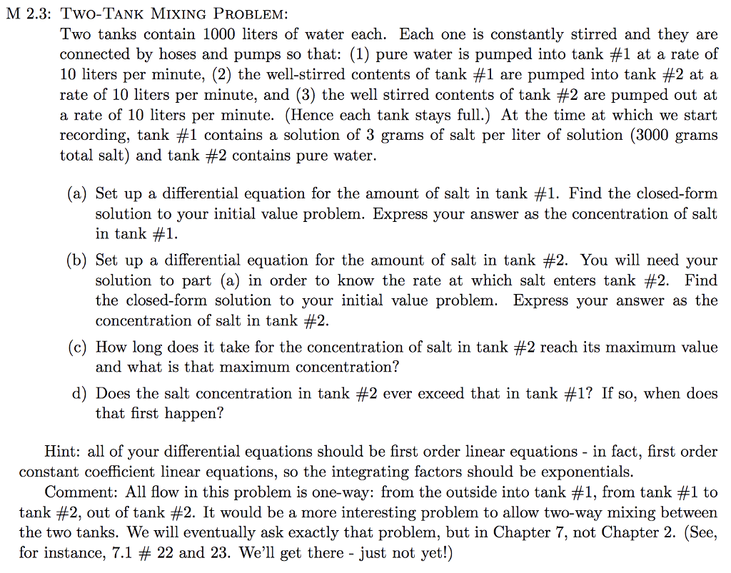 Solved M 2.3: Two-TANK MIXING PROBLEM: Two tanks contain | Chegg.com