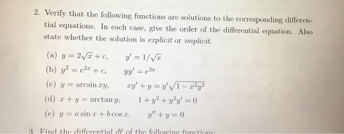 Solved Verify that the following functions are solutions to | Chegg.com