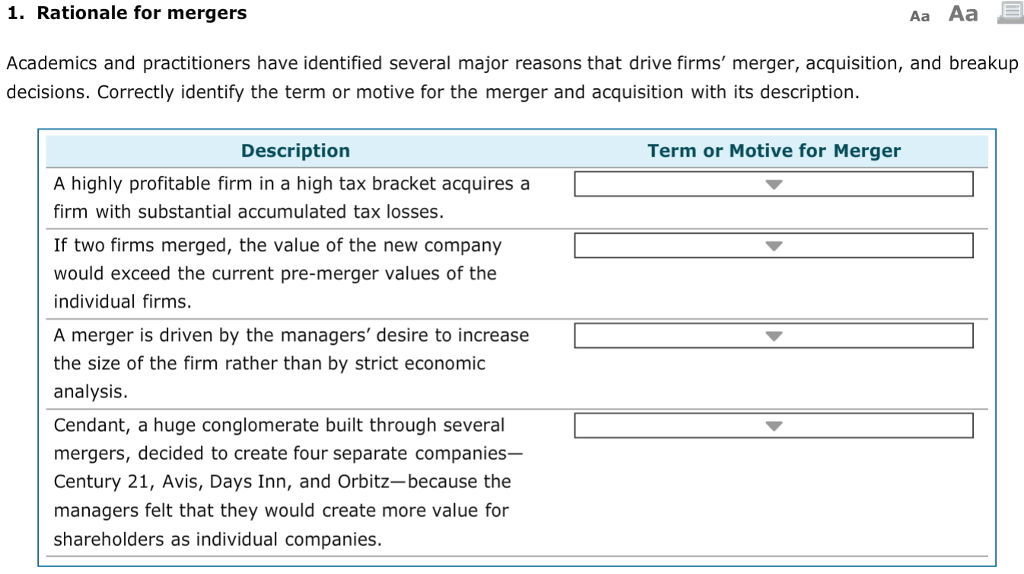 Solved 1. Rationale for mergers Aa Aa Academics and | Chegg.com