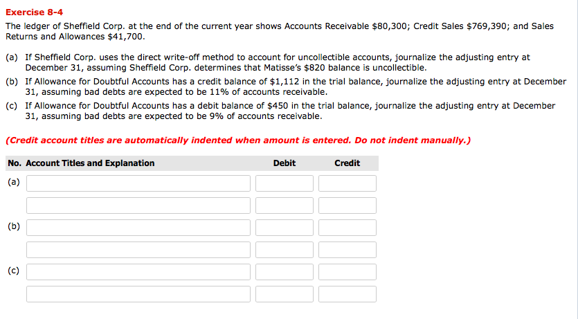 Solved Exercise 8-4 The ledger of Sheffield Corp. at the end | Chegg.com