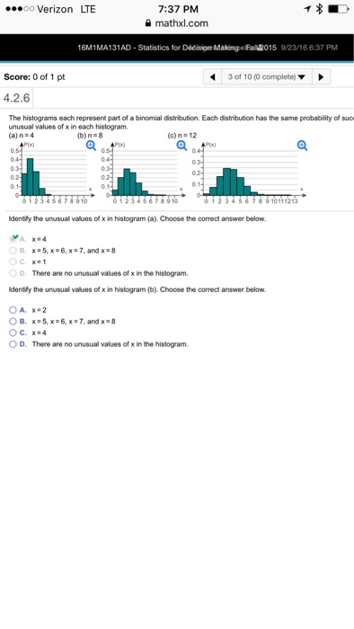Solved The histograms each represent part of a binomial | Chegg.com