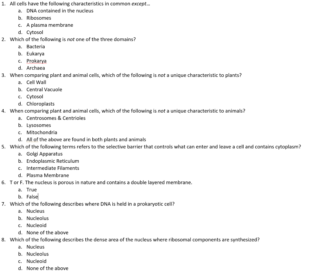 Solved 1. All cells have the following characteristics in | Chegg.com