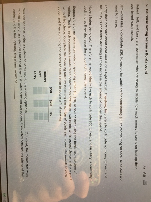 Solved 6. Pairwise voting versus a Borda count Aa Aa Hubert, | Chegg.com