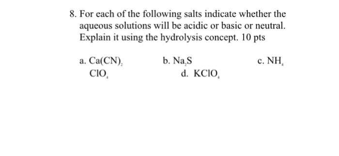Solved For each of the following salts indicate whether the | Chegg.com