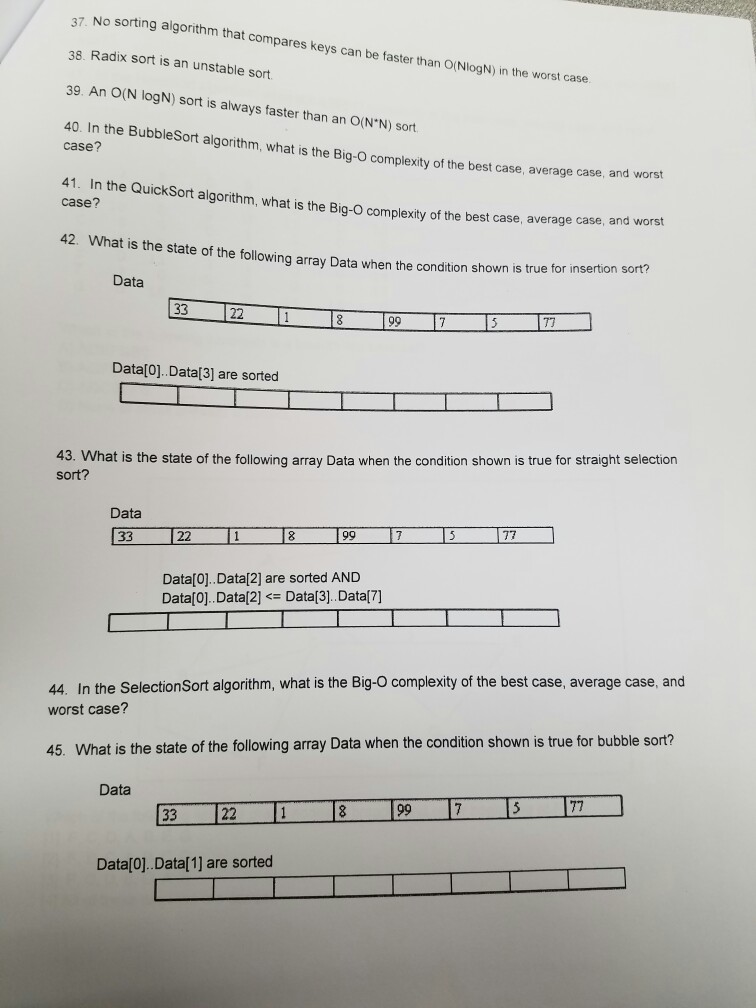 Solved 37. No sorting algorithm keys 38. Radix sort is an | Chegg.com