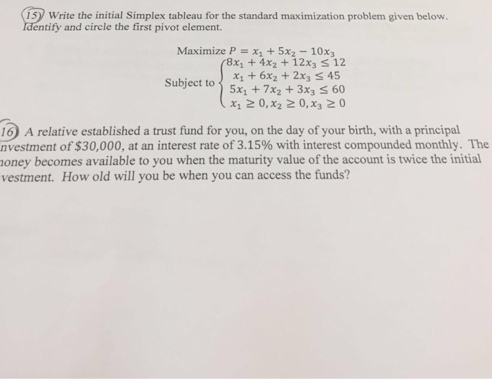 Solved Write The Initial Simplex Tableau For The Standard 