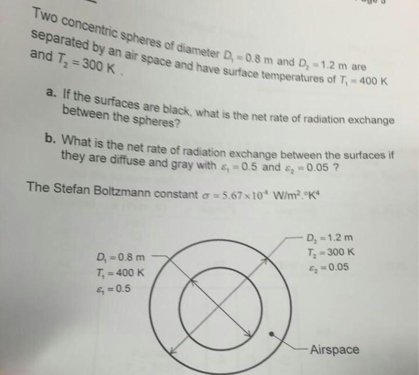 Solved Two concentric spheres of and T by an air diameter D, | Chegg.com