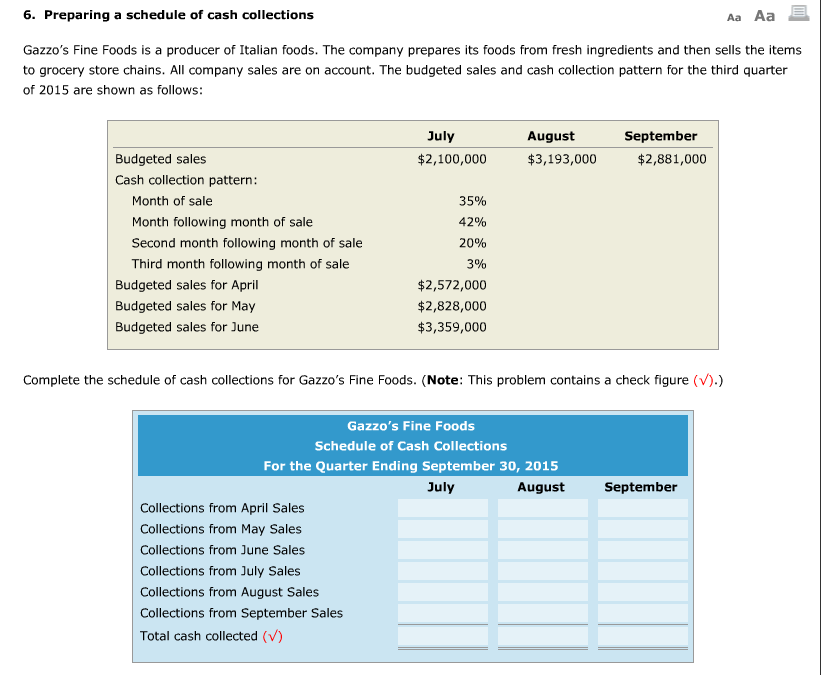 Solved Aa Aa 6. Preparing a schedule of cash collections | Chegg.com