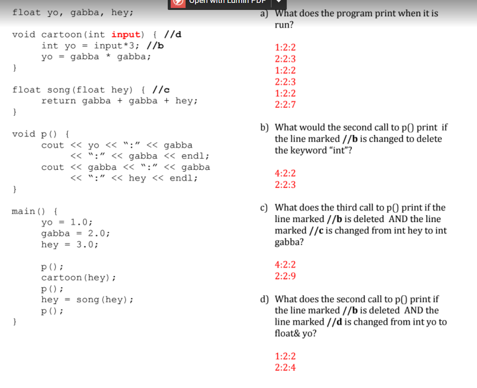 Solved float yo, gabba, hey; void cartoon (int input) {//d | Chegg.com