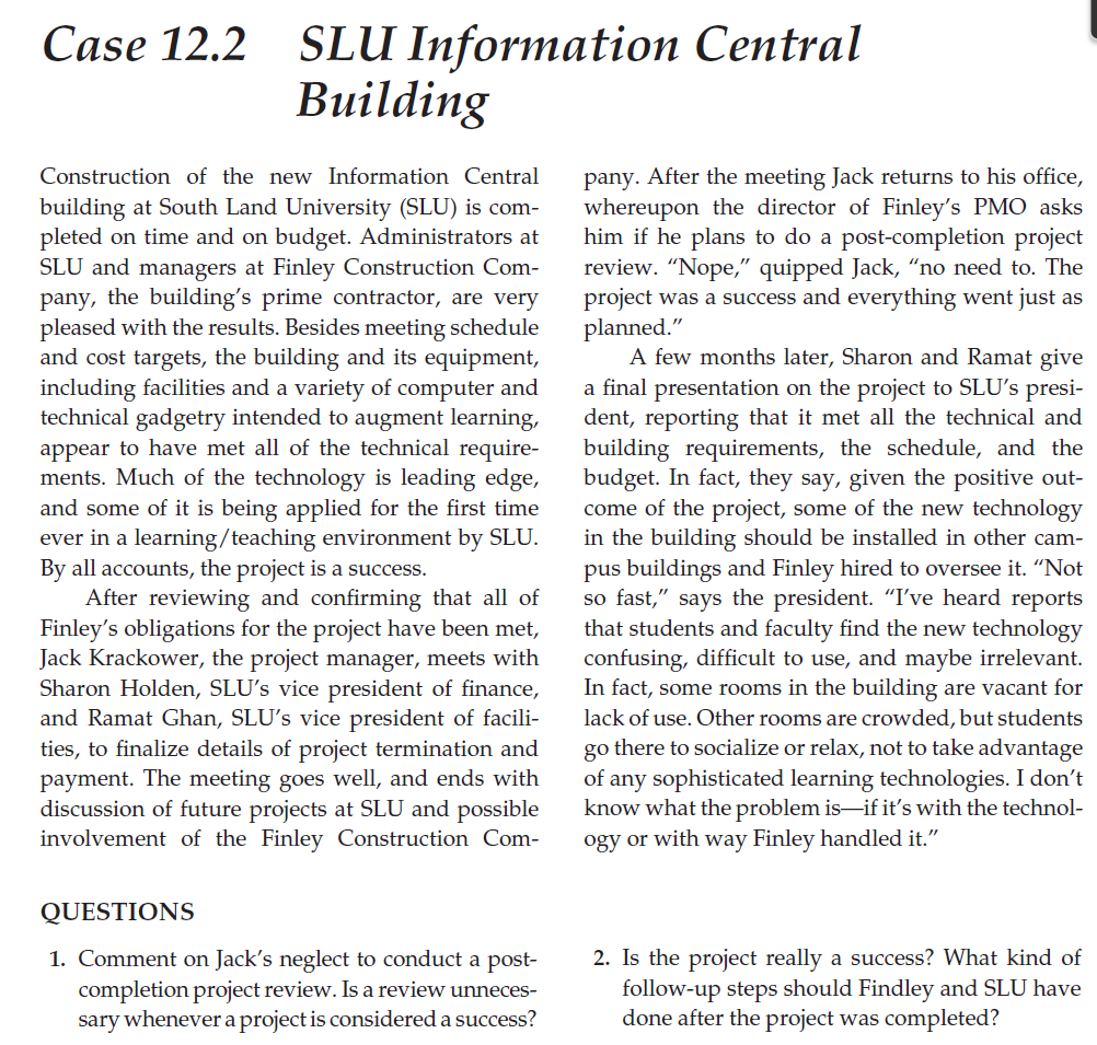 Solved Case 12.2 SLU Information Central Building | Chegg.com