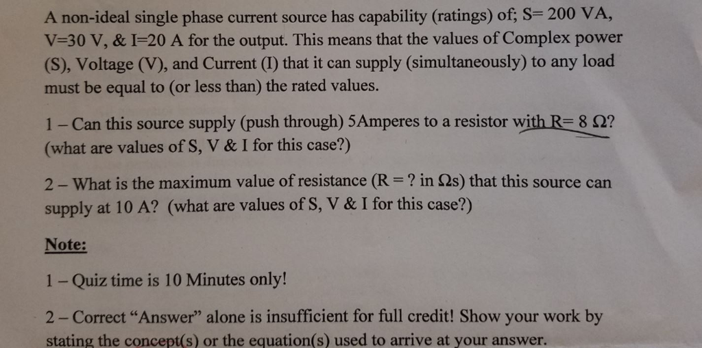 Solved A non-ideal single phase current source has | Chegg.com