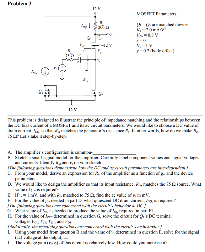 Solved Problem 3 +12 V MOSFET Parameters 1-3 are matched | Chegg.com