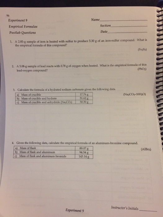 Solved Name Experiment 9 Empirical Formulas Postlab | Chegg.com