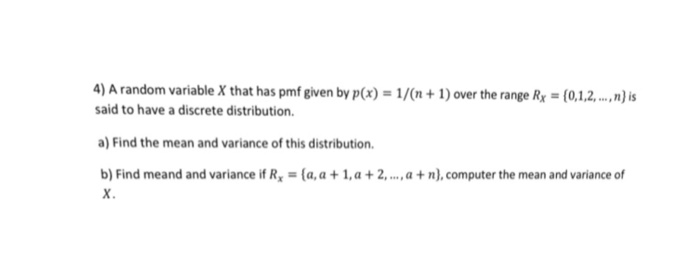 Solved A random variable X that has pmf given by p(x) = l/(n | Chegg.com