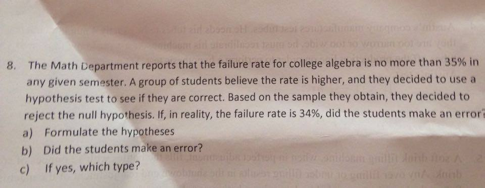 The Math Department reports that the failure rate for | Chegg.com