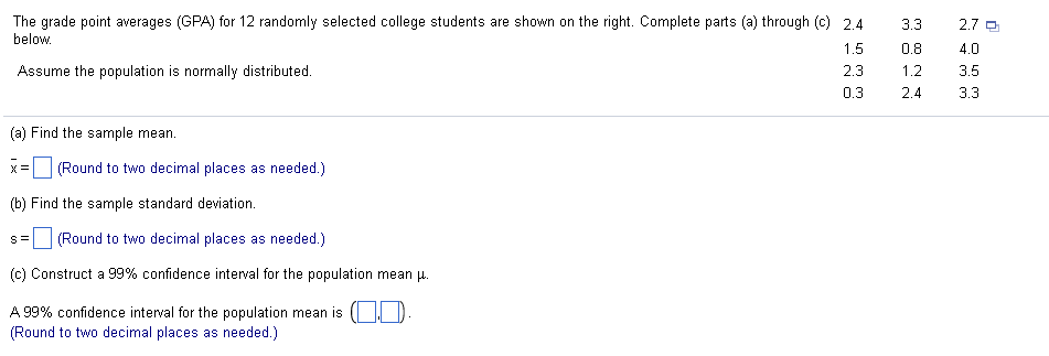 Solved The grade point averages (GPA) for 12 randomly | Chegg.com