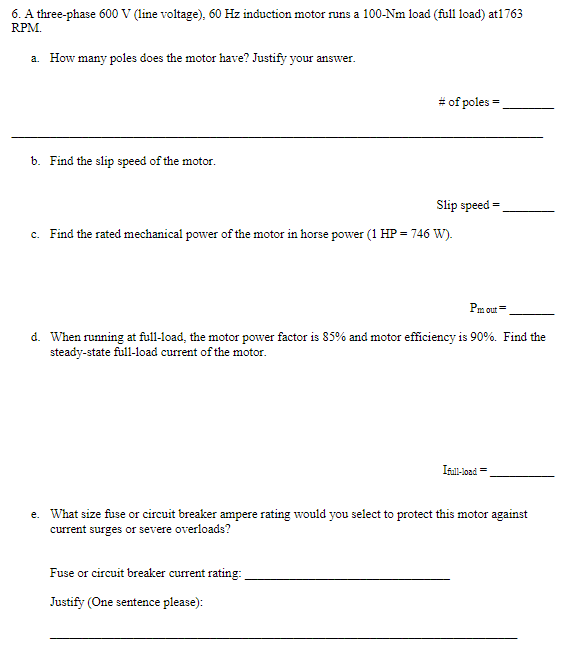 Solved 6. A three-phase 600 V (line voltage), 60 Hz | Chegg.com