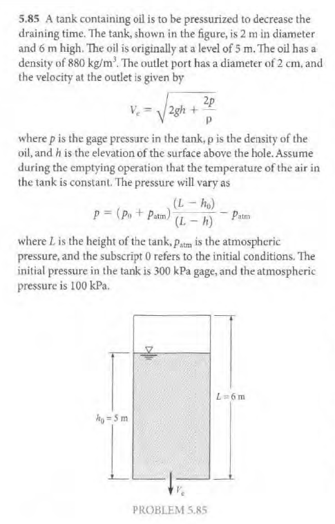 Solved 5.85 A tank containing oil is to be pressurized to | Chegg.com
