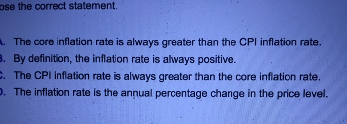 Solved The core inflation rate is always greater than the | Chegg.com