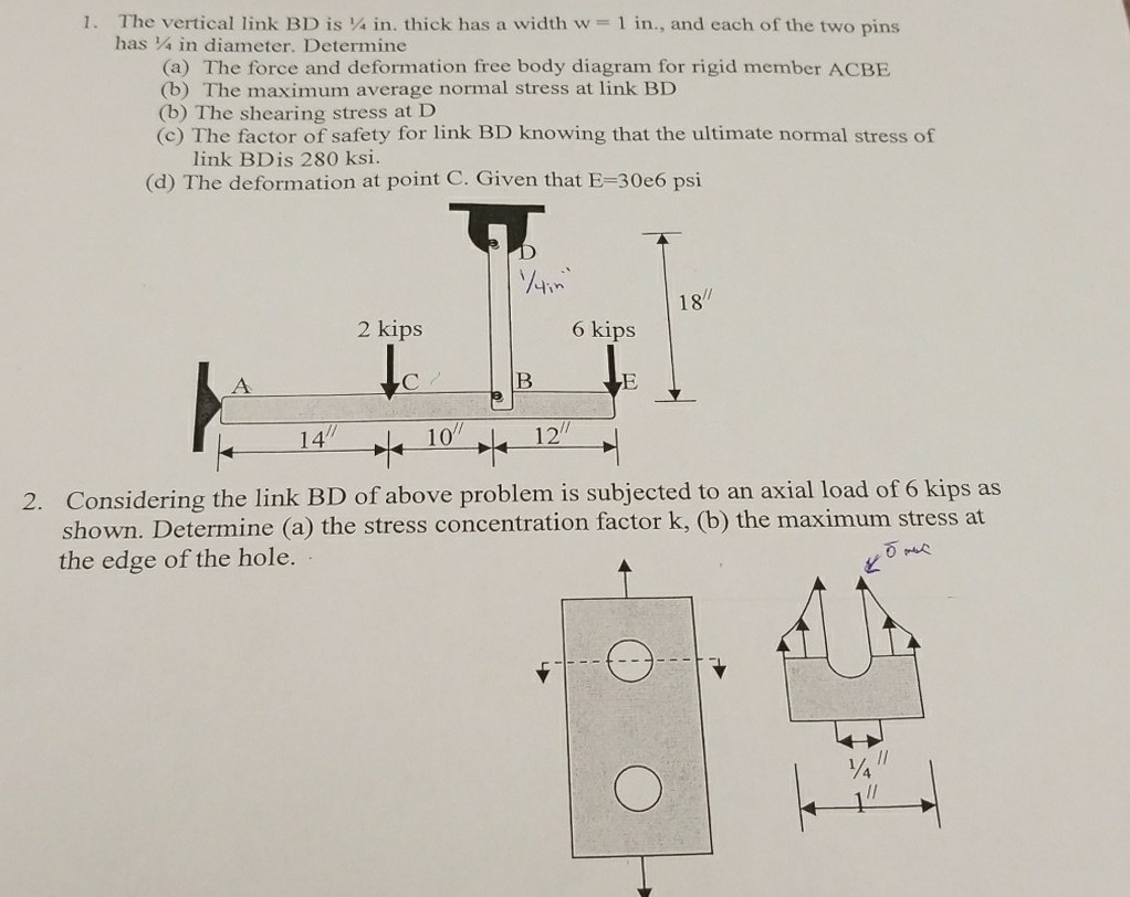 Solved The vertical link BD is ¼ in, thick has a width w = l | Chegg.com