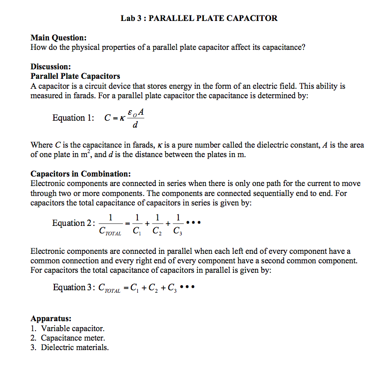 Solved Lab 3 : PARALLEL PLATE CAPACITOR Main Question: How | Chegg.com