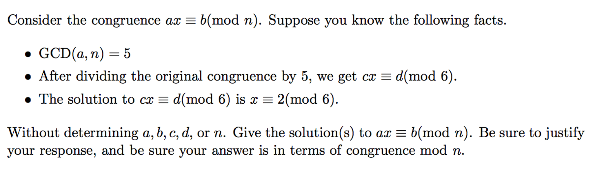 Solved Consider the congruence ax = b(mod n). Suppose you | Chegg.com