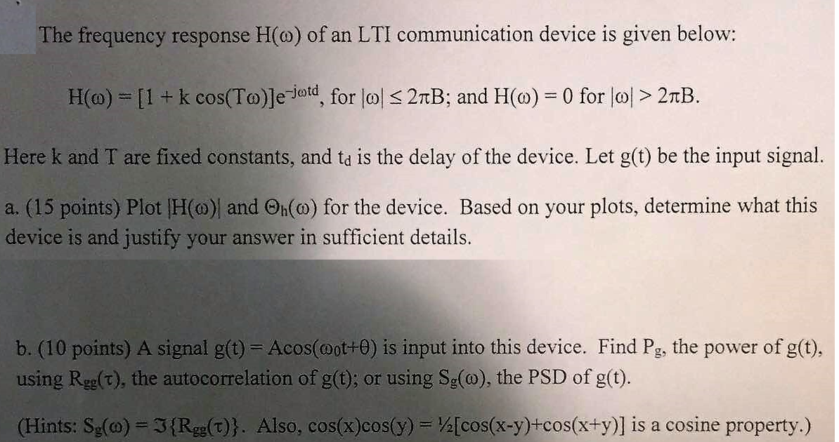 Solved The frequency response H(omega) of an LTI | Chegg.com
