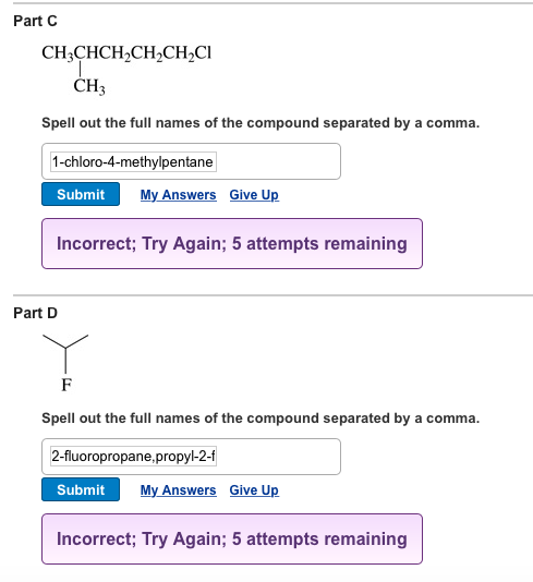 Solved Part A CH3CH2CHCH3 Cl Spell out the full names of the | Chegg.com