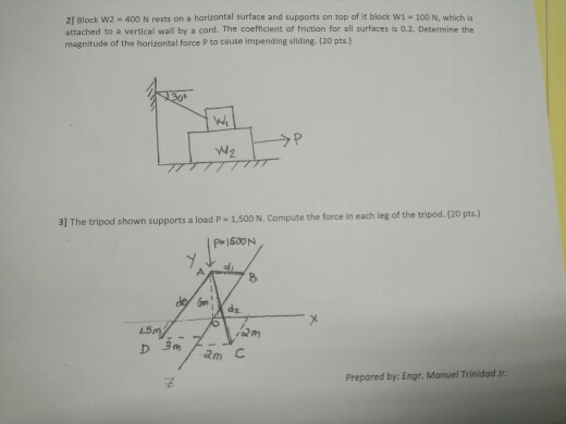 Solved Block W2 = 400 N rests on a horizontal surface and | Chegg.com