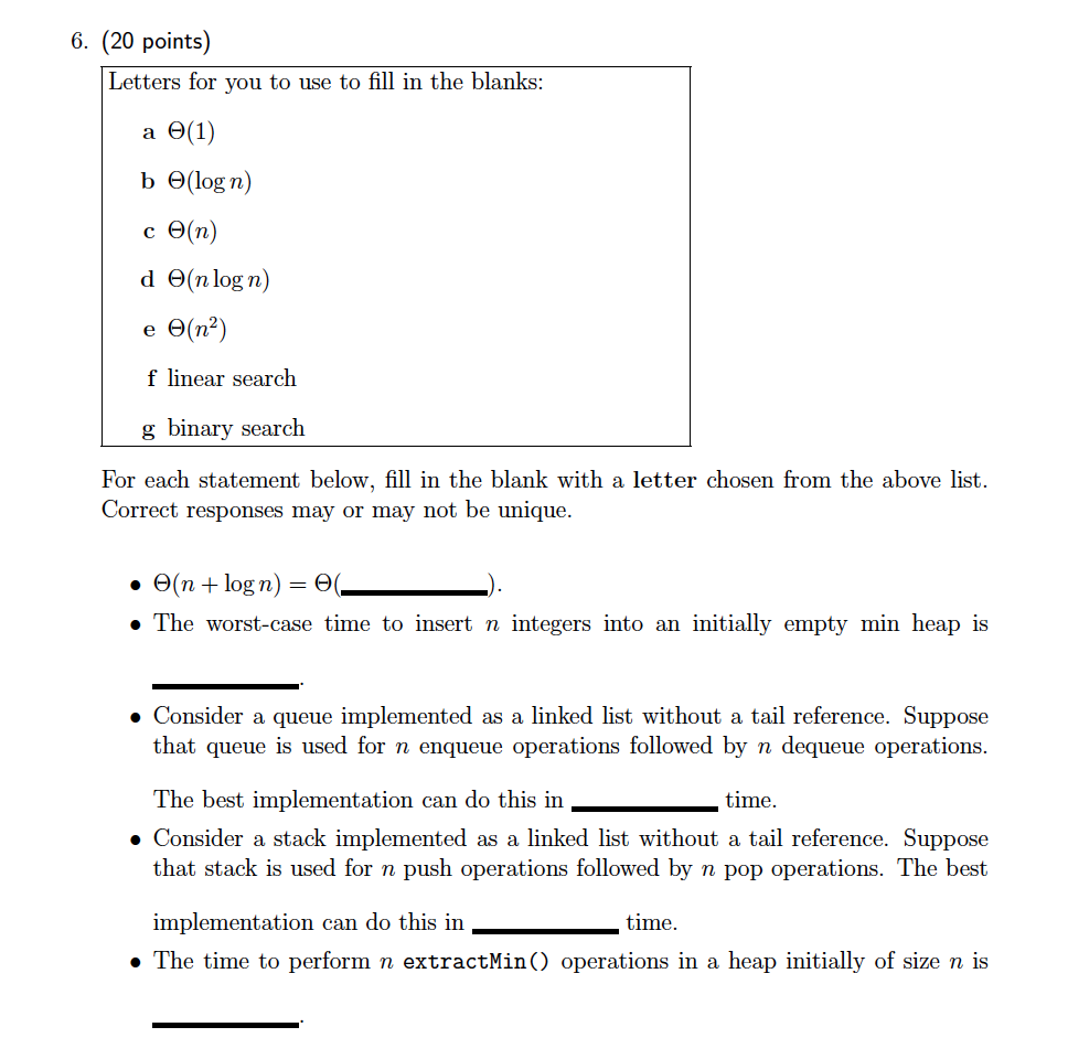 Solved 6. (20 points) Letters for you to use to fill in the | Chegg.com