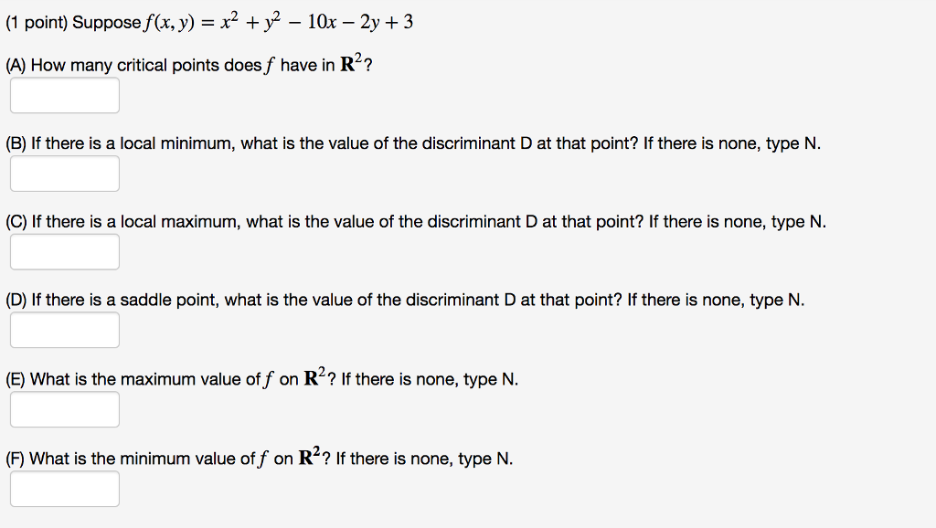 Solved (1 point) Supposef(x,y) = x2 + -10-2y4 3 (A) How many | Chegg.com
