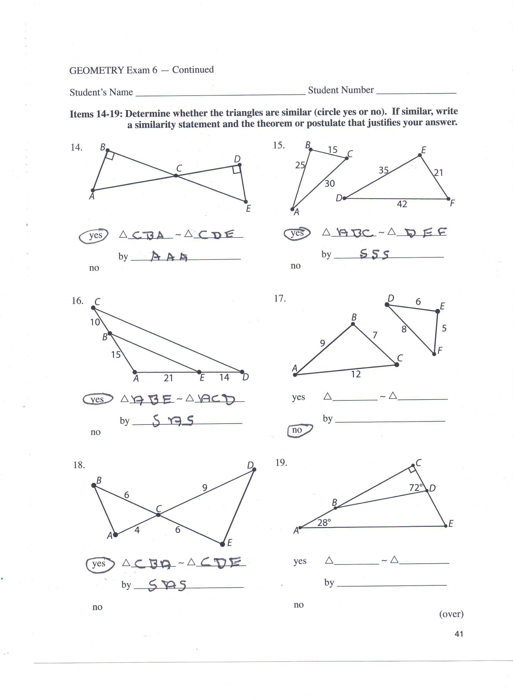 Solved Student's Name Student Number Items 14-19: | Chegg.com