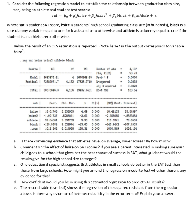 Solved 1. Consider the following regression model to | Chegg.com