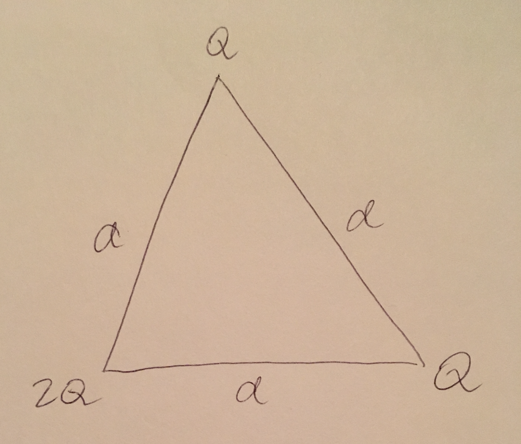Solved Three point charges, Q, Q, and 2Q are placed at the | Chegg.com