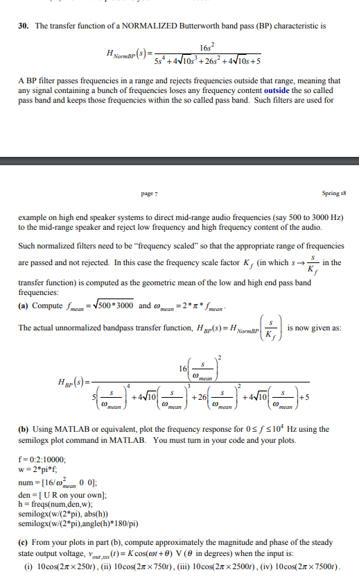 Solved 30. The transfer function of a NORMALIZED Butterworth | Chegg.com