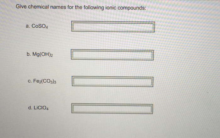 Solved Give chemical names for the following ionic | Chegg.com